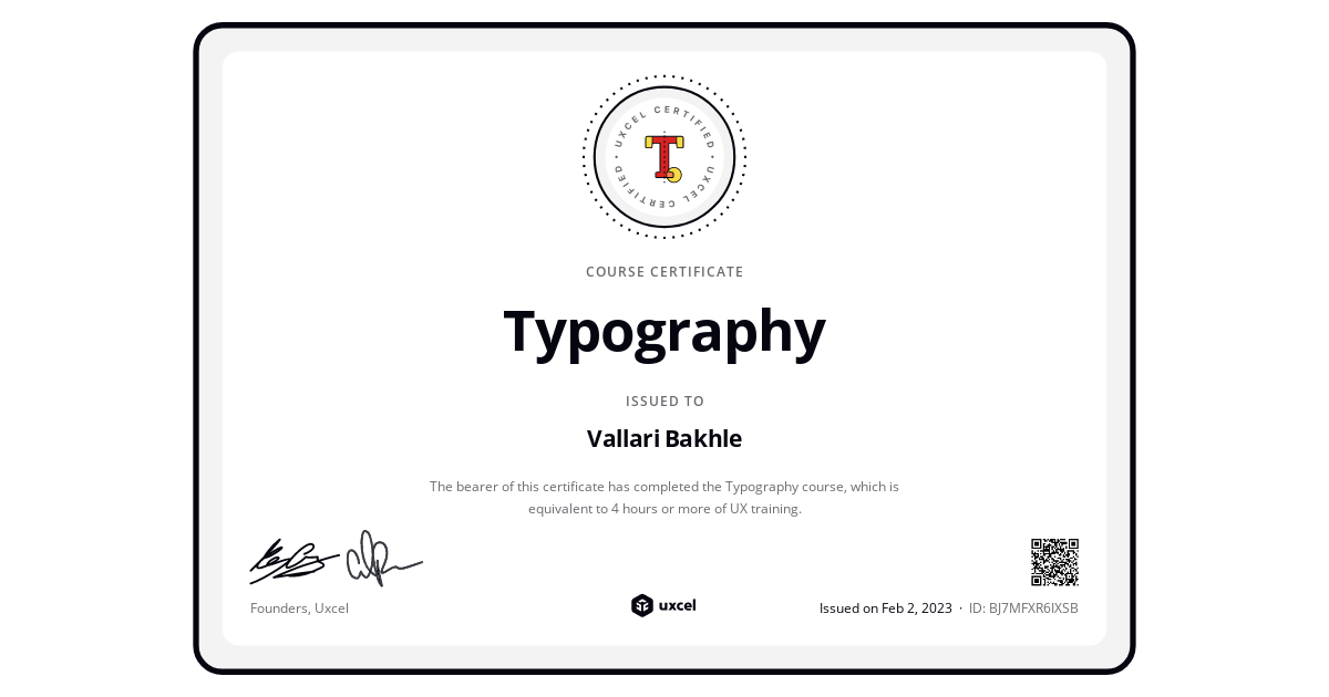 Certificate of completion for Typography | Uxcel